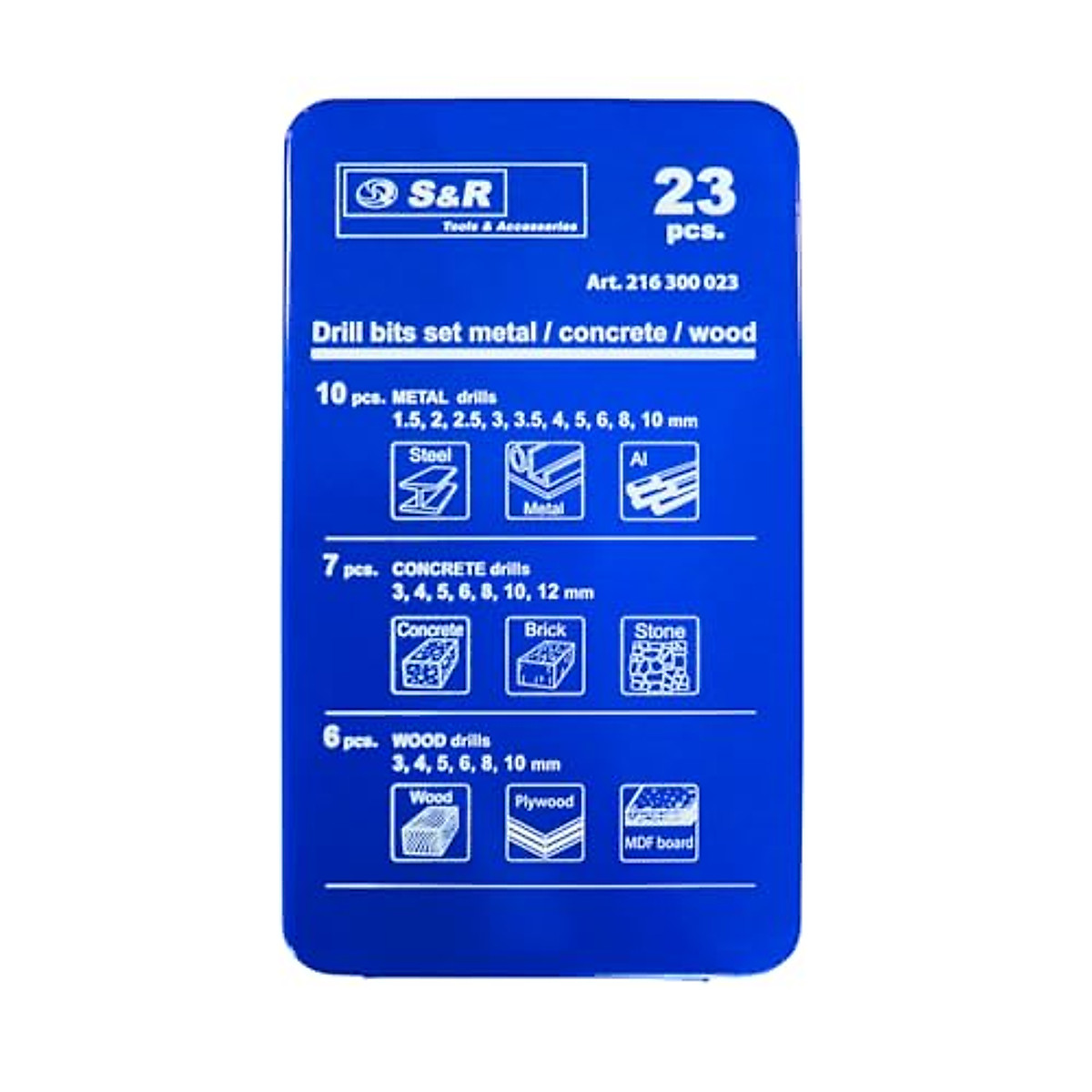 S&R Metal Concrete Masonry Drill Bit Set 23 Pcs. Multi Functional: 10 Metal Drills HSS M2 Steel / 7 Concrete Drills / 6 Wood Drills/Bits Set in Metal Box Multi-Purpose