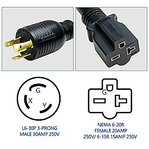 Zhudiyof Nema L6-30P 30-Amp Twist Locking Plug Male to 6-20R/ 6-15R T-Blade Adapter, STW 12-AWG 30Amp Generator to 20Amp 250V 6-20/ 15Amp 6-15R Adapter