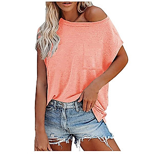 Padaleks Womens Casual Solid Color Short Sleeve Round Neck T Shirts Summer Loose Fit Blouses Tops with Pocket
