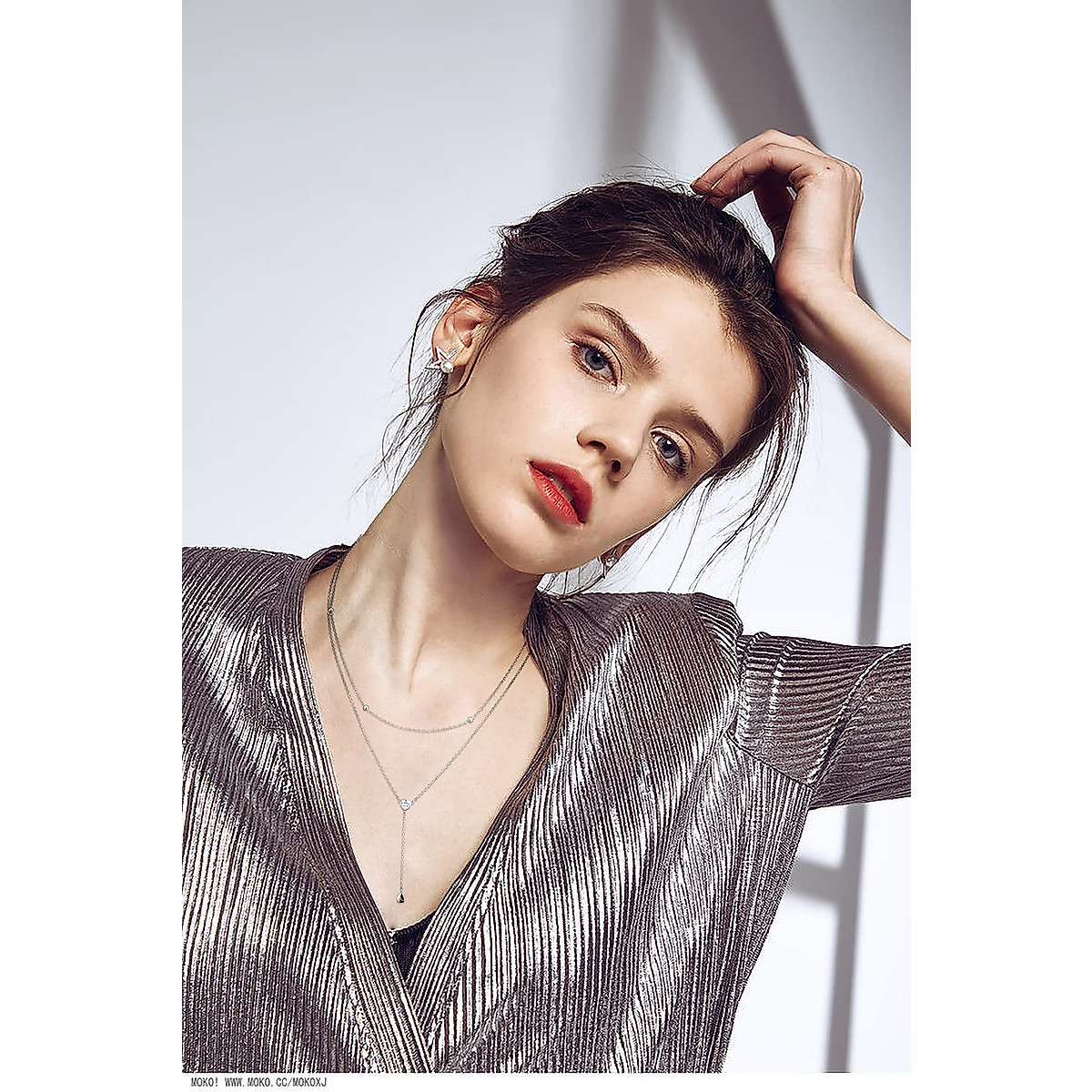 FLYOW S925 Sterling Silver Double Layered Necklace Teardrop CZ Choker Y Lariat Necklace Christmas Birthday Gifts for Women Wife Fiancée