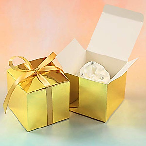 COTOPHER 60pcs Wedding Favor Boxes, Paper Gift Boxes 3x3x3 Inches Small Gift Boxes with Ribbons Small Boxes for Gifts, Crafting, Cupcake, Candy, Bridesmaid Proposal Boxes (Metallic Gold)