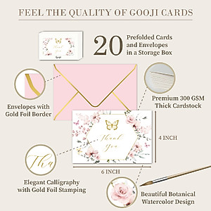 Gooji 4x6 Butterfly Dream Thank You Cards with Envelopes (Bulk 20-Pack) Baby Shower, Bridal Shower, Wedding, Greeting, Blank Notes Business Box Assorted Stationary Pink Flowers