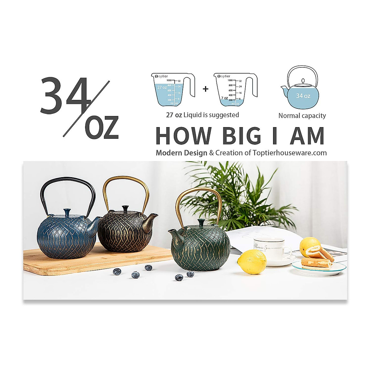 Tea Kettle, Toptier Japanese Cast Iron Tea Kettle for Stove Top, Stovetop Safe Teapot with Infusers for Loose Tea, 34 Ounce (1000 ml), Dark Green Melody