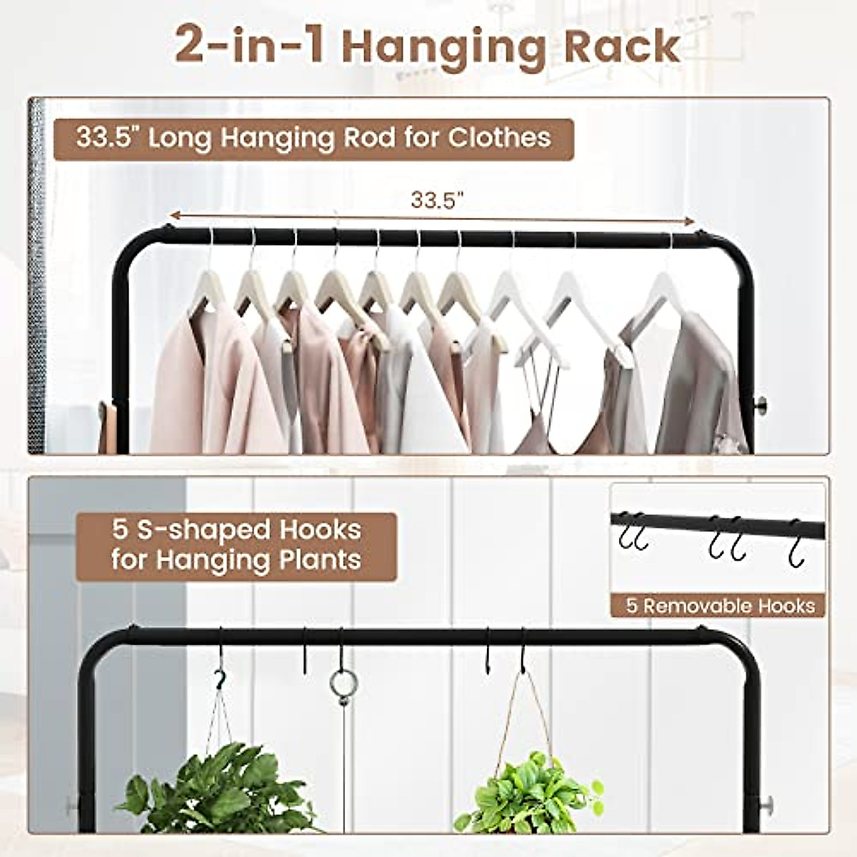 Tangkula Clothes Rack on Wheels, Industrial Pipe Style Rolling Garment Rack with Bottom Storage Shelf & 5 Hanging Hooks, Clothes Organizer with Sturdy Metal Frame for Bedroom Laundry Room