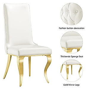 AZhome Dining Chairs, White Faux Leather Upholstered Dining Room Chairs in Button-Tufted Back, Dining Chairs with Gold Legs for Kitchen Dining Room, Set of 2