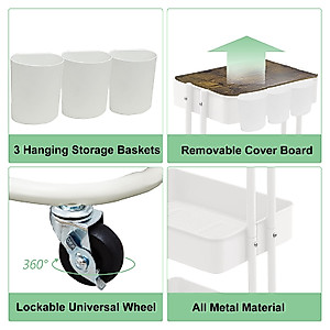 3-Tier Metal Utility Rolling Cart Storage Side End Table with Cover Board for Office Home Kitchen Organization, Cream White