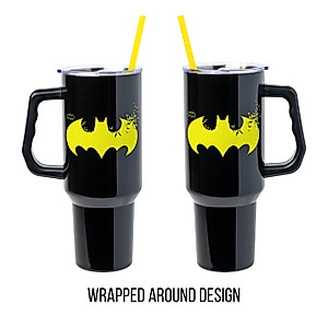 Silver Buffalo DC Comics Batman Logo Stainless Steel Tumbler with Handle and Straw, Fits in Standard Cup Holder, 40 Ounces