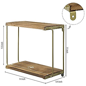 MyGift 2-Tier Burnt Wood Wall Mounted Display Shelves with Vintage Brass Metal Frame