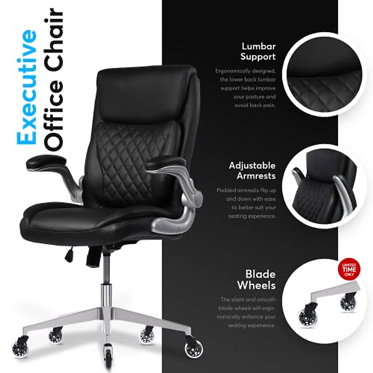 Oline Ergonomic Executive Office Chair - Rolling Home Desk PU Leather Chair with Adjustable Armrests, 3D Lumbar Support and Blade Wheels - Computer Gaming Swivel Chairs (Black)