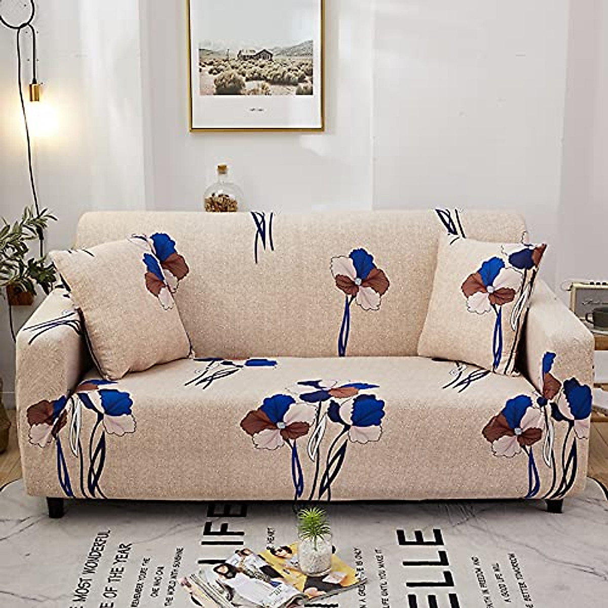 AMDXD 4 Seater Recliner Couch Cover 235-300cm, Polyester Furniture Covers Light Brown Dark Blue Flower Anti-Slip Super Stretch Sofa Cover Style 10