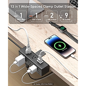CCCEI Desk Side Clamp Power Strip with 9 Outlet, Desk Top Tube Edge Mount Outlet with USB-A and USB-C Ports, Under Desk Table Leg Widely Spaced Surge Protector Outlet Station, Fit 1.1 inch Edge, 6FT.