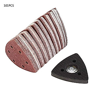 100pcs Sanding Paper, 80mm 60/80/120/180/240 Grits Triangular Hook & Loop Triangle Sandpaper +1 Sand Pad for Bosch Fein Oscillating Multi Tool