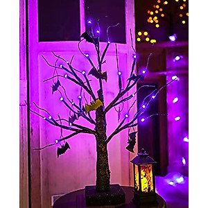 ZHOUDUIDUI Halloween Tree, Black Spooky Tree with 24LED Purple Lights and 10 Bat Ornaments Battery Powered 18IN Lighted Halloween Bonsai Tree for Indoor Tabletop Halloween Party Decoration