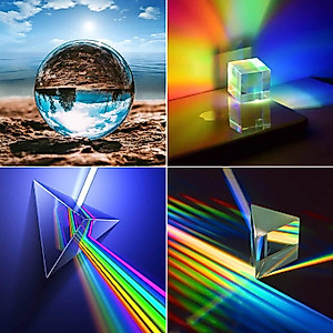Prism Set, 4 Pack K9 Optical Crystal Photography Prism Set, Include 55mm Crystal Ball, 50mm Crystal Cube, 50mm Triangular Prism, 60mm Optical Pyramid, Gift Box for Teaching, Science, Photography, Play
