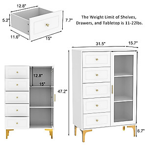 Homsee Storage Cabinet with 5 Drawers, Shelves & Glass Door, Sideboard Buffet Cabinet with Metal Legs, Modern Wood Display Cabinet for Living Room, Bedroom & Hallway, White (31.5”W x 15.7”D x 47.2”H)