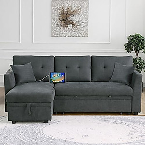 uhome Upholstered Sleeper Sofa with USB Ports sectional Couch Reversible Sofabed, Full XL, Gray