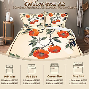 DiuuDi Orange Flowers Duvet Cover Twin Size Light Yellow 3D Printed Duvet Cover Set Orange Blossom Green Leaves Comforter Cover Cozy Quilt Cover with 2 Pillowcases