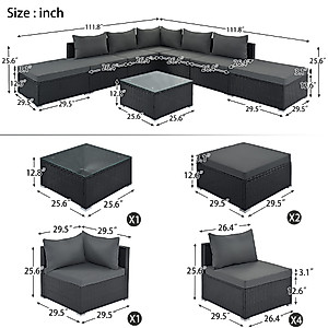 XD Designs 8-Pieces Outdoor Patio Furniture Sets, All Weather PE Wicker Sectional Sofa Set with Tempered Glass Table, Garden Conversation Set with Comfortable Cushion (Gray Cushions)