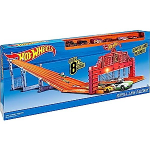 Hot Wheels Toy Car Track Set Super 6-Lane Raceway, 8Ft Track That Rolls Up for Storage, 6 1:64 Scale Cars