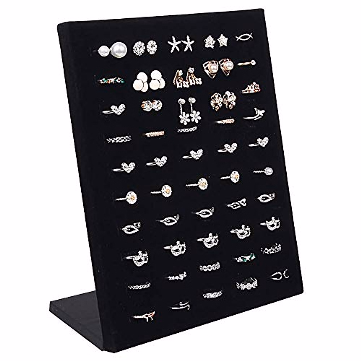 Homeanda Black Velvet L-Shaped 50 Slots Ring Earring Jewelry Display Tray Organizer Holder (L-Shaped 50 Slots-Black)
