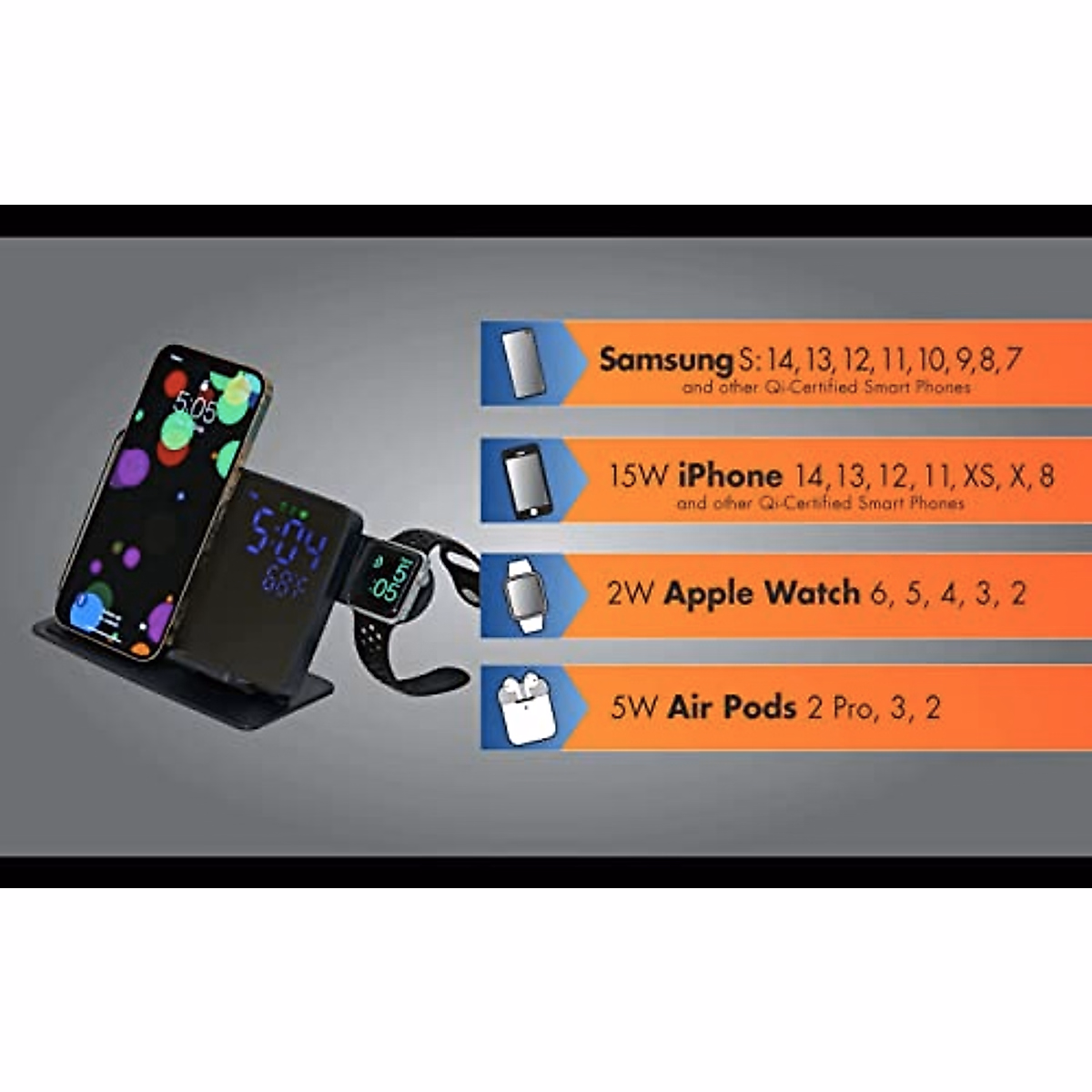 Tech Starving's 3 in 1 Wireless Charger with Clock/Alarm—Fast Charging—For iPhone 14/13/12/11/XS/X/8—Apple Watch Series—AirPods & Samsung Phone Series