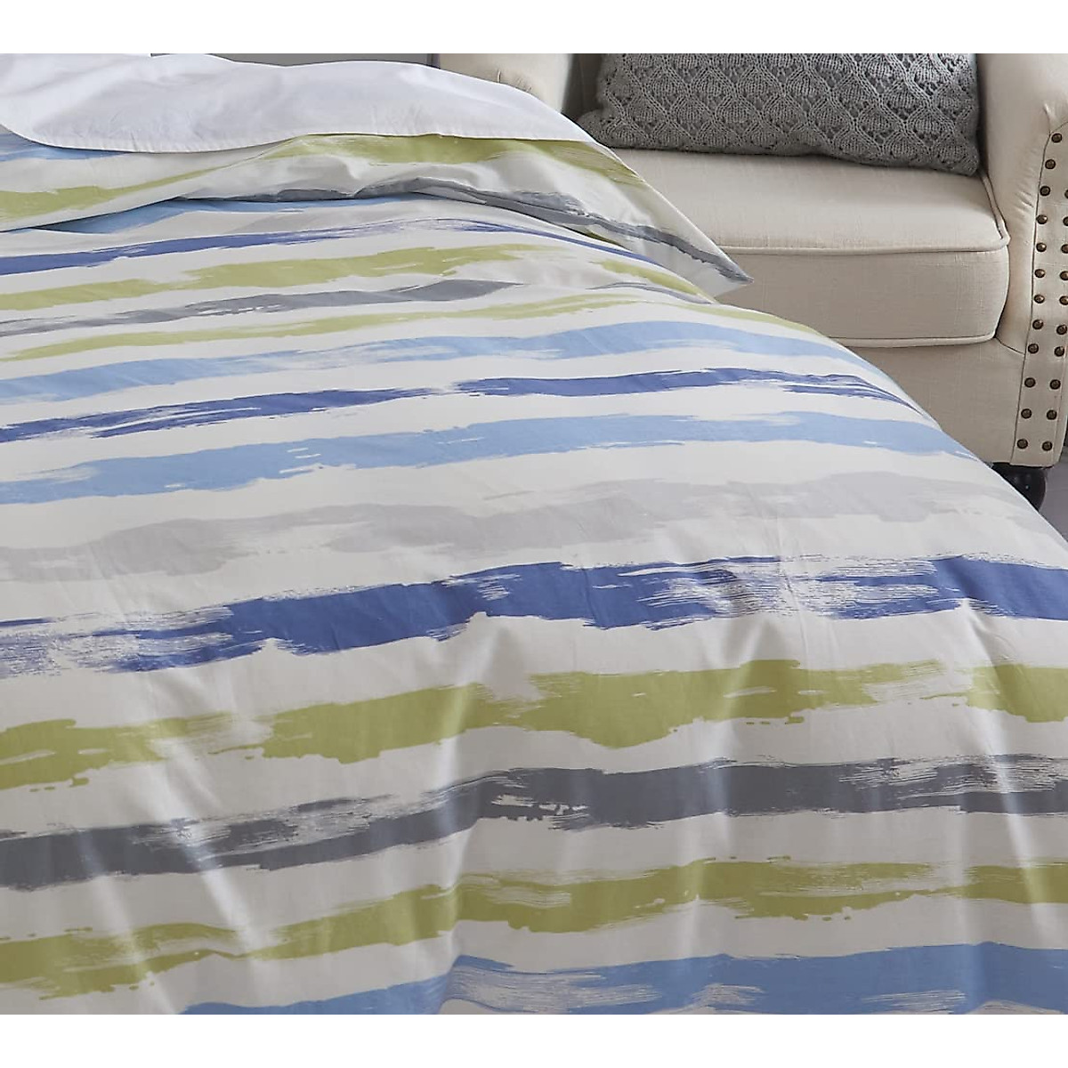 DAUAOTO Queen Size 90"X90" Duvet Cover Set, Print Cotton Teens Kids Bedding, Green Blue Striped