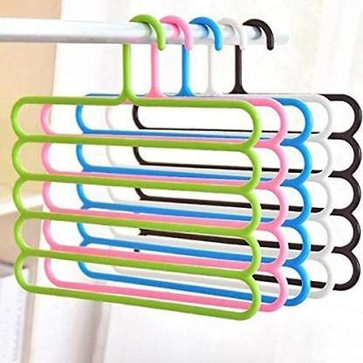 Creative Enterprises Multi-Purpose 5 Layers Trouser Hanger Set of 5, Magic Closet Hangers Space Saver Storage Plastic Hanger (Multi Colour-Pack of 5)