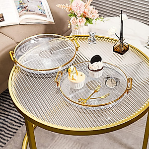 IWANGDS Round Serving Tray with Golden Handles and Golden Rim Border, Decorative Plastic Serving Tray for Living Room, Bathroom, Kitchen | Tray Decor for Party, Coffee Table, Display 10.63" (Amber)