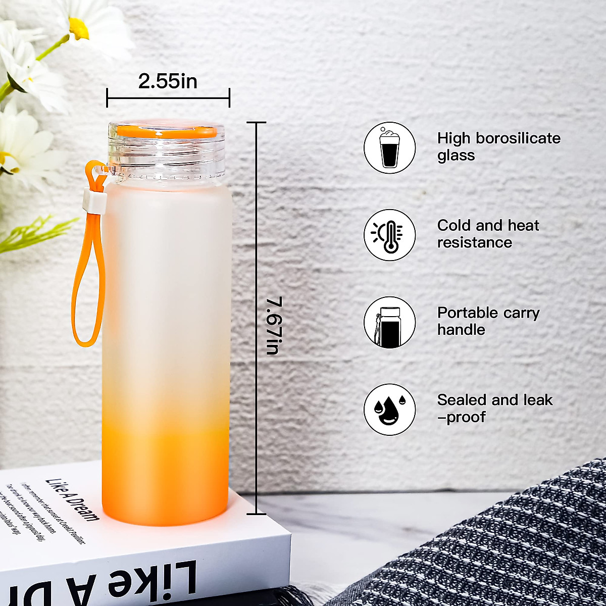 AGH Sublimation Tumblers 12 Pack-16OZ Frosted Glass Cups with Colored Carrying Handle Lid,Different Color Gradient Glass Cups,Suitable for Cold or Cot Drinks,Easy to Carry