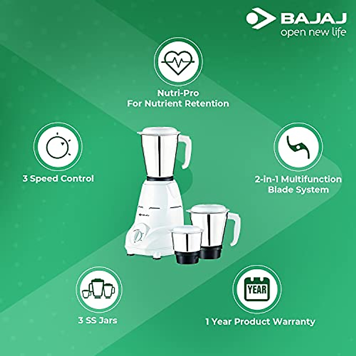 Bajaj Rex 500-Watt Mixer Grinder with 3 Jars