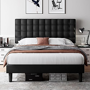 iPormis Full Size Platform Bed Frame, Faux Leather Upholstered Bed Frame with Square Tufted Headboard, Wood Slats Support, No Box Spring Needed, Easy Assembly, Black