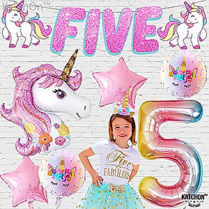 KatchOn, Unicorn 5th Birthday Decorations Girl - Glitter Five Banner, Number 5 Balloon 40 Inch | Giant Unicorn Balloons, 43 inch | Unicorn Decorations for Birthday Party | Unicorn Party Decorations