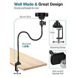 InnoGear 25 Inch Webcam Stand, Flexible Cell Phone Stand Desk Mount Camera Stand Gooseneck for Logitech Webcam BRIO 4K C960 C920 C920S C922 C922x C925e C930 C930e C615 NexiGo N60