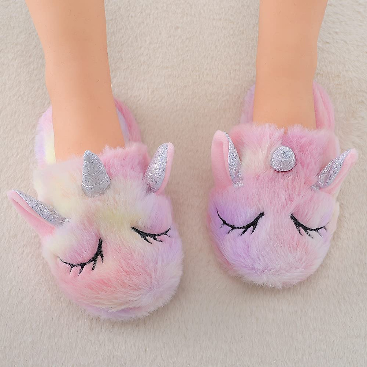KAKU NANU Kids Slippers Fluffy Slippers Warm Rainbow Slippers Memory Foam Home Slides for Girls Boys(8.5-9.5 little kid)