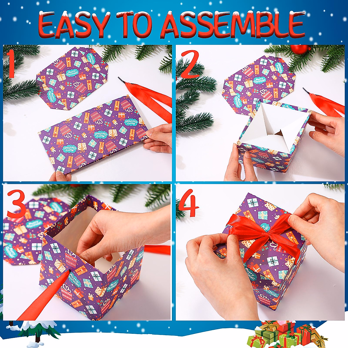 Cholemy 36 Pieces Christmas Gift Boxes with Lids Small Squared Boxes with Ribbon Xmas 4x4x4 Boxes Holiday Bow Box Gift Wrap Boxes for Christmas Party Favor Present Packaging, 12 Designs