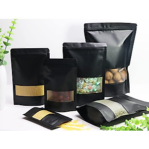 PQZKLDP 100pcs Black Kraft Paper Stand Up Pouches, Ziplock Stand Up Food Storage Bags with Matte Window, Reusable, Heat-Sealable for Packaging in Home , Office , Outdoors (Mixed Size)
