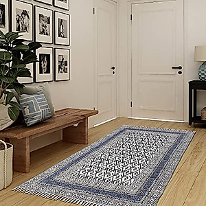 Casavani Hand Block Printed Rug Floral Blue & Beige Tassel Rug Boho Area Rug Easy Care Washable Rugs for Doormat Entryway Living Room Bedroom Hallway Balcony 12x12 Feet Square