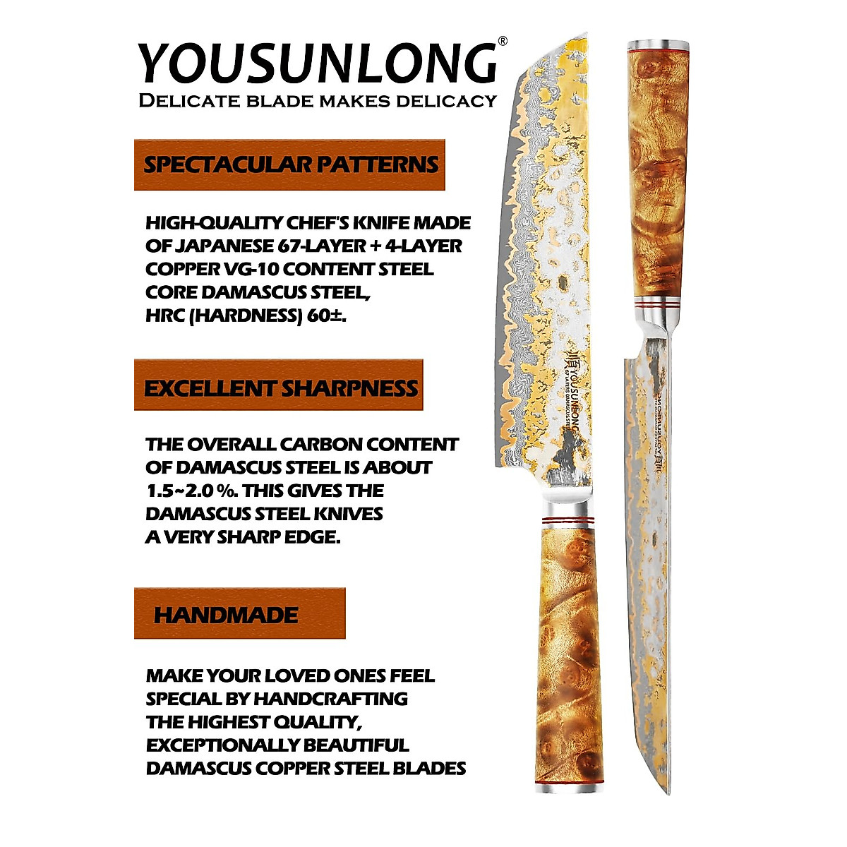 YOUSUNLONG Tanto Kitchen Knife - 8 Inch Japanese Handmade Chef Knife - Razor Sharp Copper Damascus Steel Blade - Cleaver Carving Knife - Naturel Burl Wooden Handle with Leather