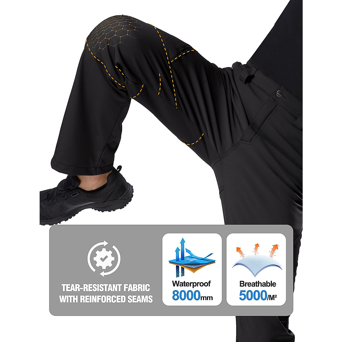 FREE SOLDIER Men's Fleece Lined Outdoor Cargo Hiking Pants Water Repellent Softshell Snow Ski Pants with Zipper Pockets (Black 32W x 30L)