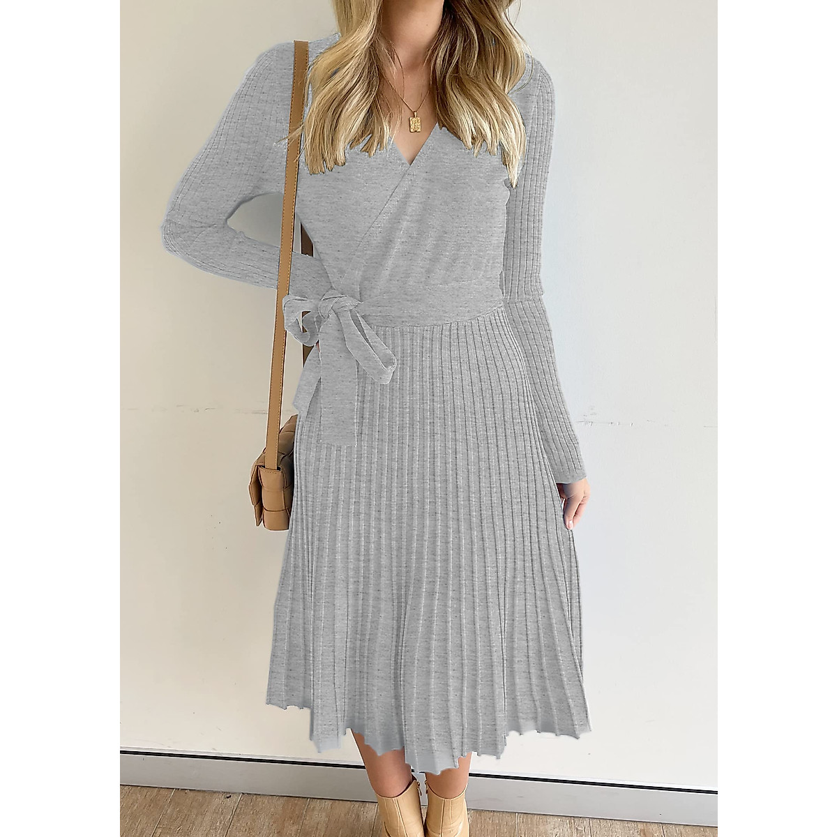 ZESICA Women's Fall Long Sleeve Wrap V Neck Ribbed Knit Pleated A Line Pullover Sweater Dress with Belt,Grey,Small