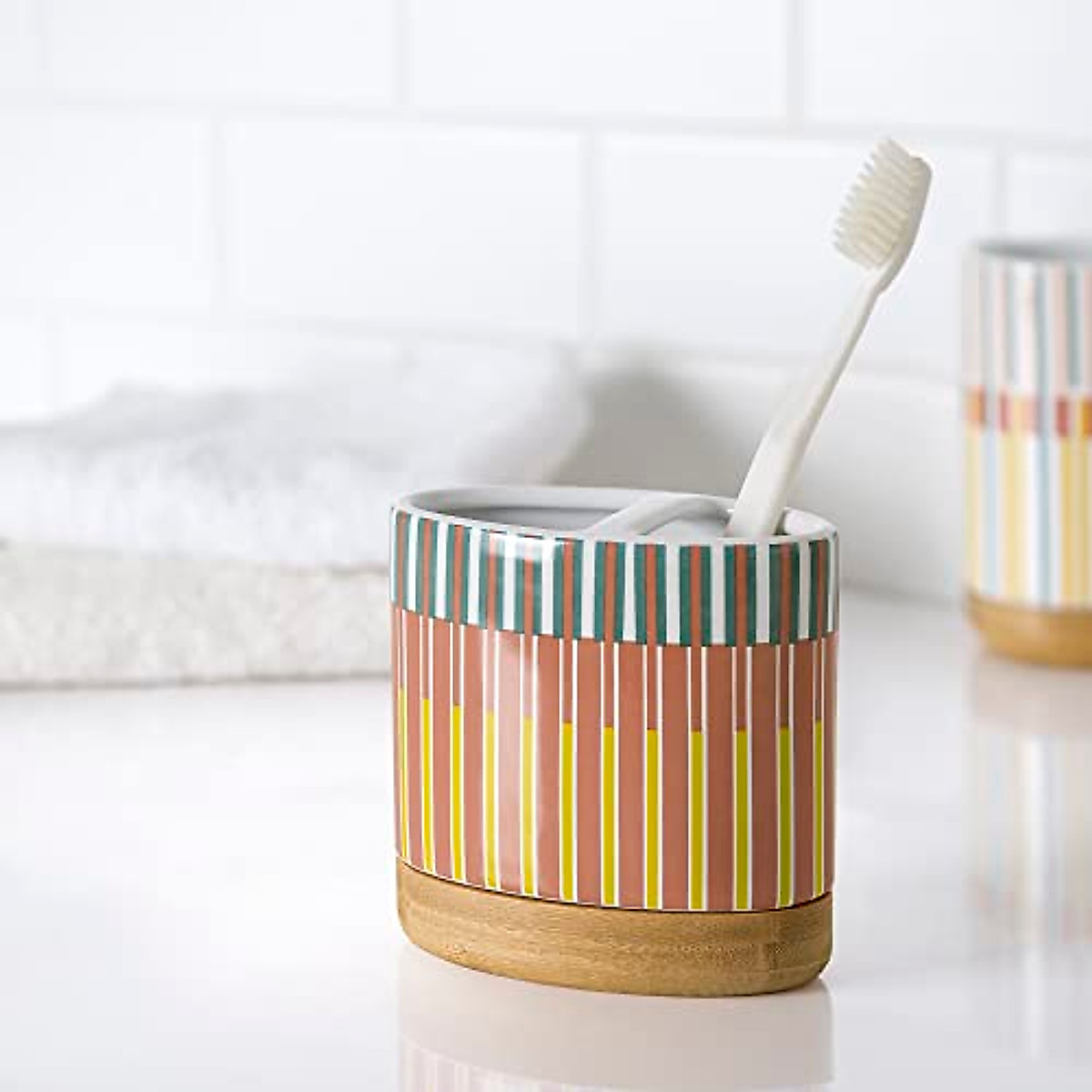 Allure Home Creation Market Stripe 4-Piece Ceramic with Bamboo Bath Accessory Set