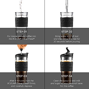 Bodum Travel Press Coffee Maker, Flip Top Lid, Double Wall, Plastic, 0.35 l, 12 oz, Off White