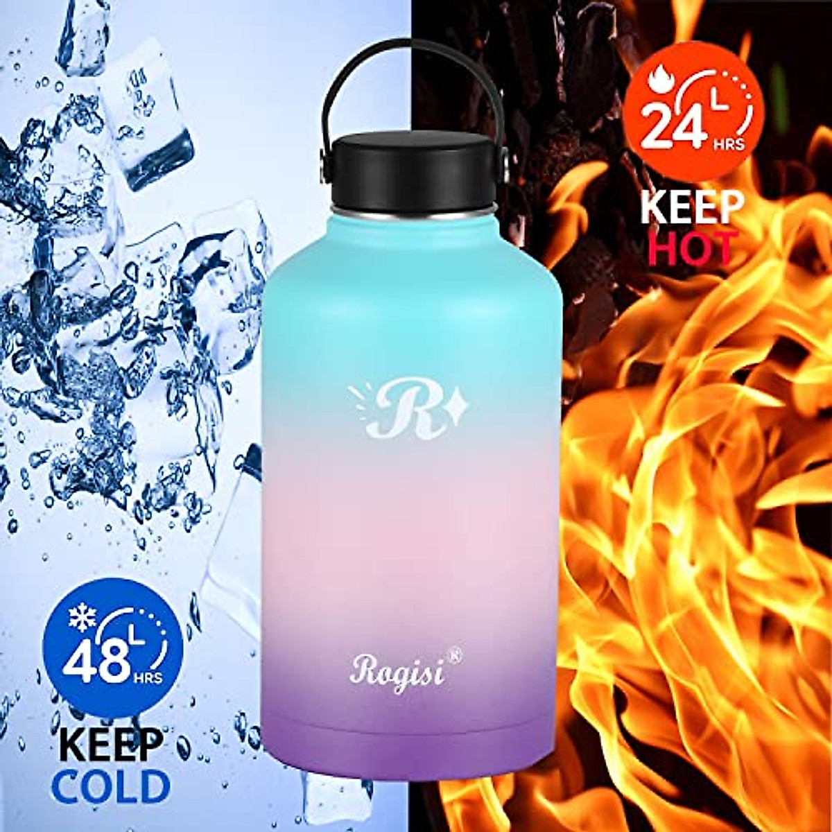 Insulated Half Gallon Water Bottle with Straw, Sleeve & 2 Lids, Rogisi 64oz Stainless Steel Gallon Water Jug Wide Mouth Vacuum Metal Thermo Mug with Carrier Keep Cold for 48 Hrs or Hot for 24 Hrs