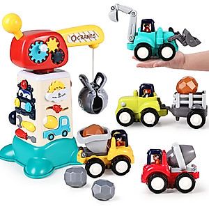 iPlay, iLearn Toddler Construction Crane Music Toys, Baby Activity Cube w/ 4 Inertia Push Go Vehicles Cars, Tractor Backhoe Dump Truck, Birthday Gifts Set 18 24 Month 2 3 4 5 Year Old Infant Boys Kids