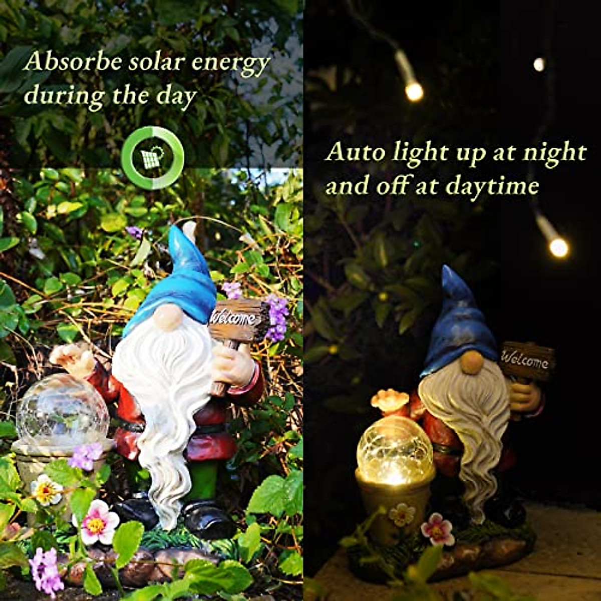 DiliComing Garden Gnomes Outdoor Statues - Gnome Decorations for Home, Christmas Resin Gnome Figurine with Solar Light, Yard Gnome Ornament, for Thanksgiving and Christmas