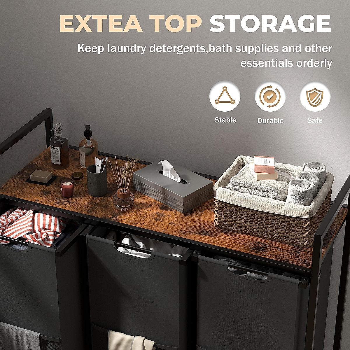 YESHOMY Laundry Sorter with Shelf, 3 Removable & Pull-Out Hamper Bags with Side Pockets, Large Clothes Organizer with Rolling Lockable Wheels, 3 x 12 Gal, Black