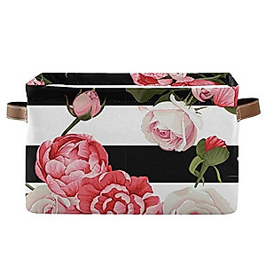 AGONA Large Foldable Storage Bin Peony Roses Black White Stripes Storage Bins Collapsible Decorative Fabric Storage Baskets with Leather Handles for Home Closet Bedroom Organizer Nursery 1 Pack