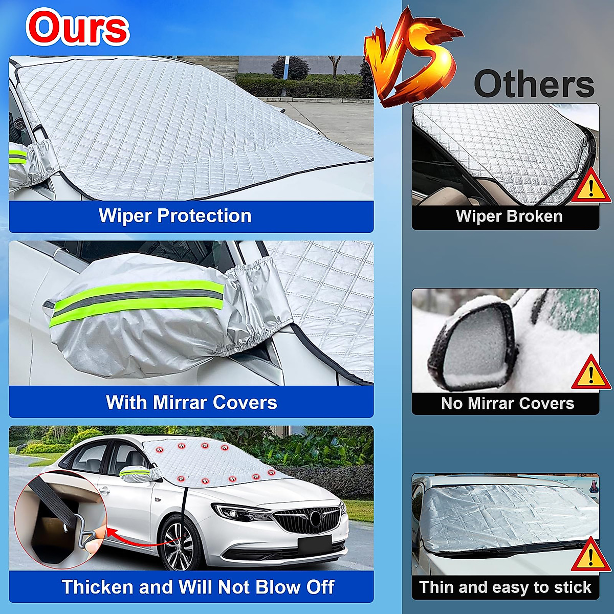 Car Windshield Snow Cover for Ice and Snow,Winter Car Snow Cover with Magnetic Edges and Windproof Webbing Straps,Windscreen Frost Protector Covers,for Most Car SUV RV Vans and Trucks (65'' X 49.6'')