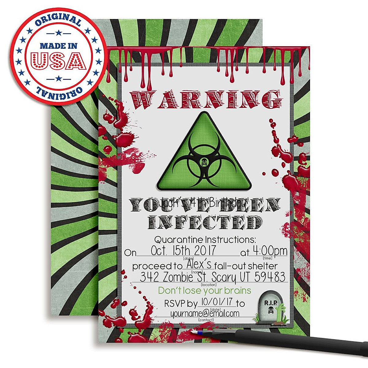 Zombie Infection Birthday Invitations, 20 5x7 Fill In Cards with Twenty White Envelopes by AmandaCreation