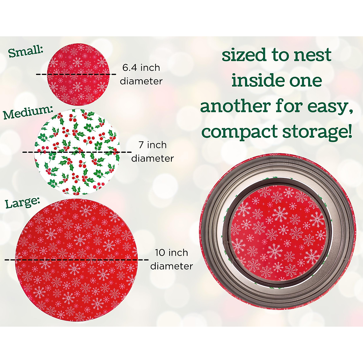 Steel Mill & Co Tin Containers with Lids, 3 Pack Christmas Cookie Tins, Festive Cookie Tins for Gift Giving & Holiday Treats, Round Metal Nesting Containers, Large Medium Small, Snowflake & Holly